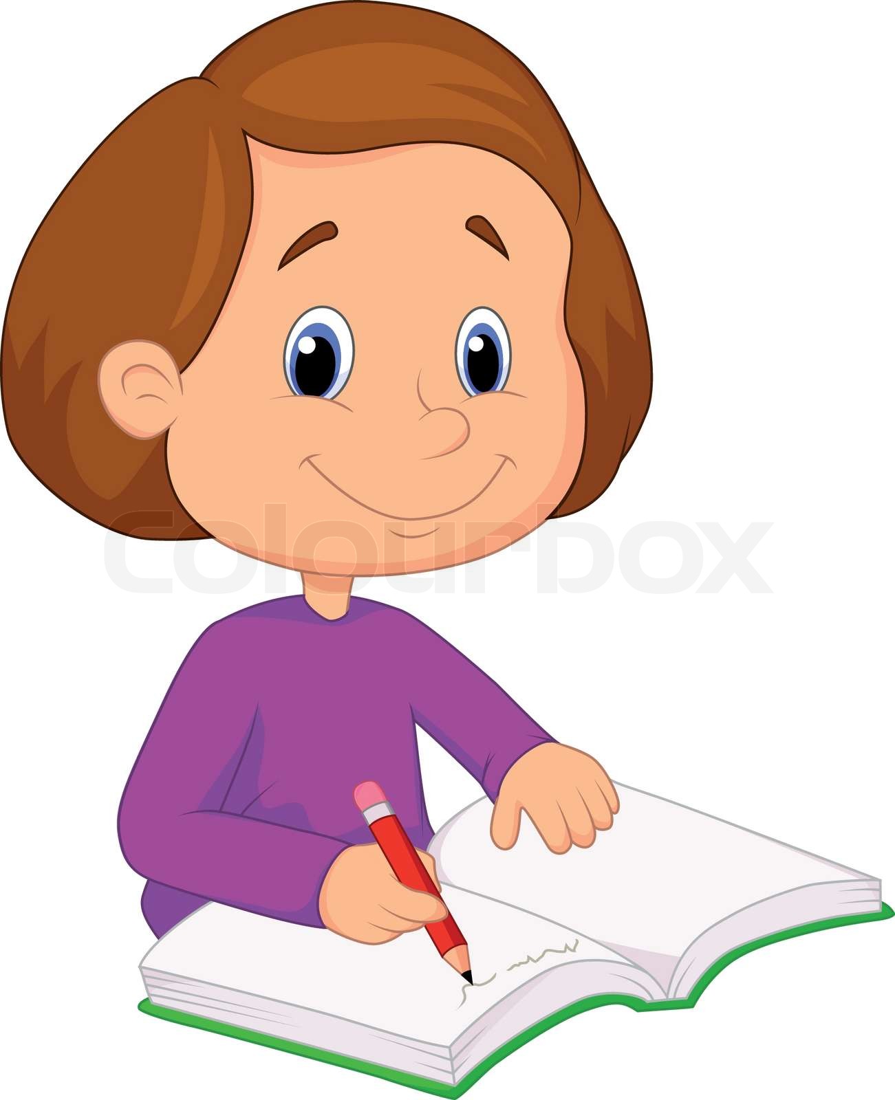 Little girl cartoon writing on a book | Stock vector | Colourbox