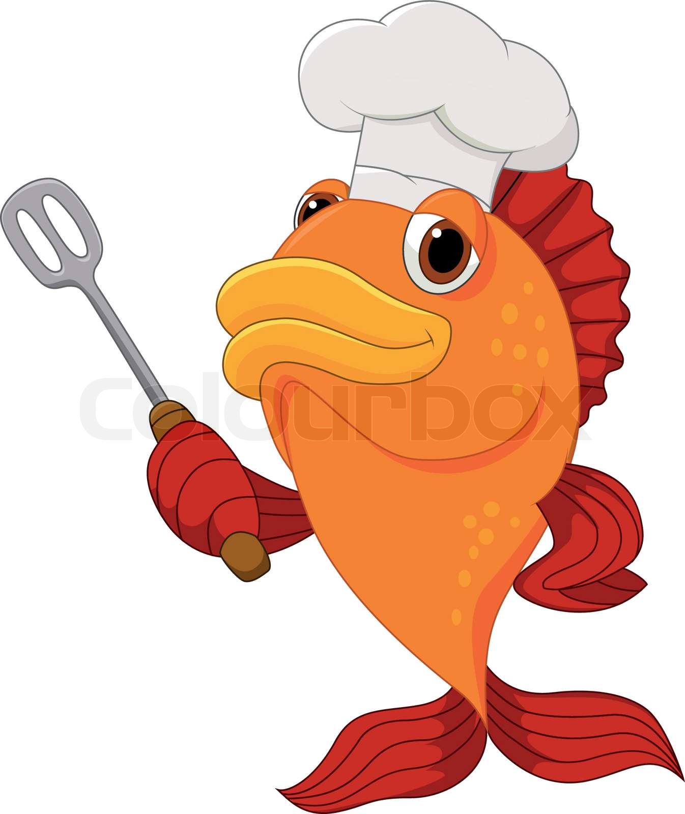 Cute fish chef cartoon holding spatula | Stock vector | Colourbox