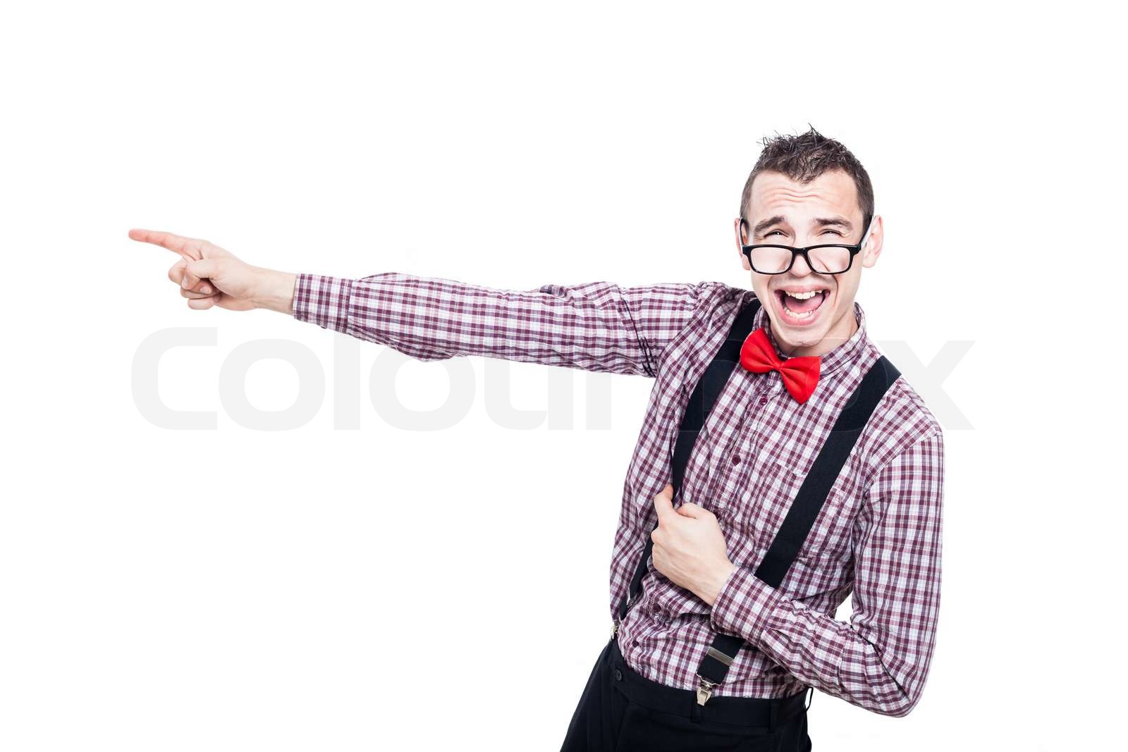 Aufgeregt Nerd Mann zeigen | Stock Bild | Colourbox