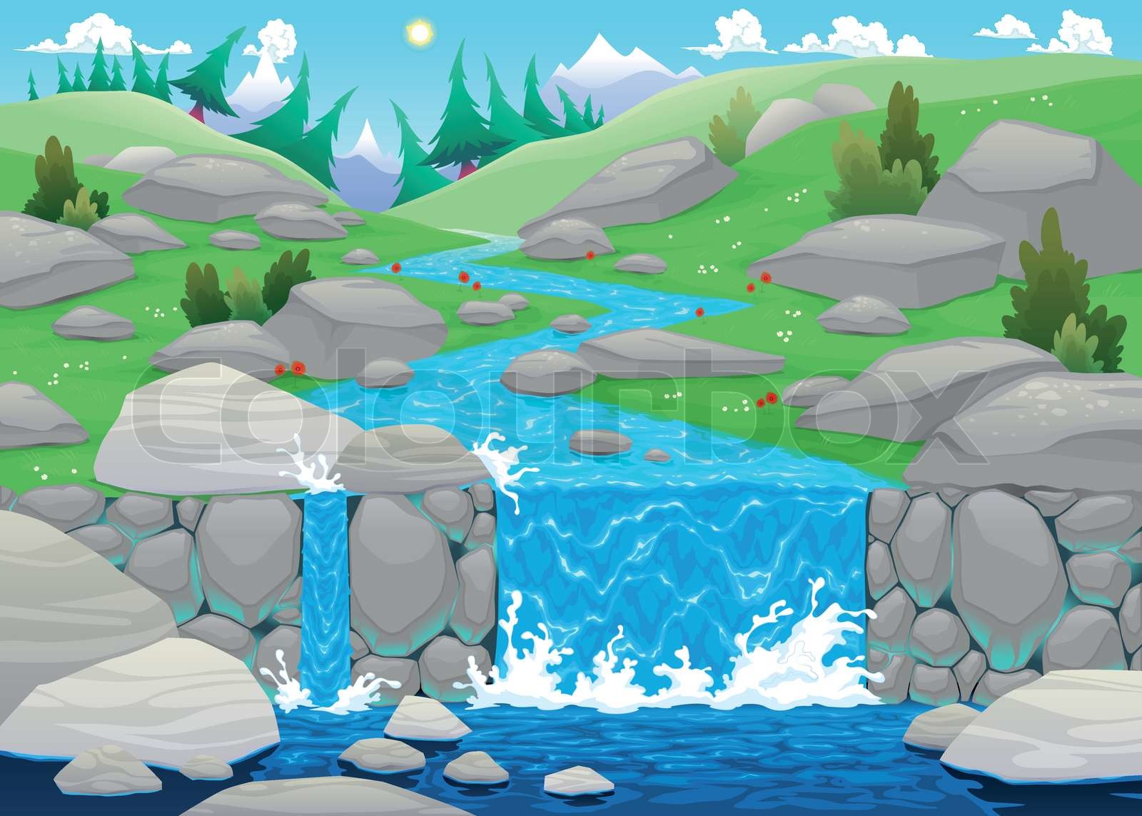 Gebirgslandschaft mit Fluss . | Stock-Vektor | Colourbox