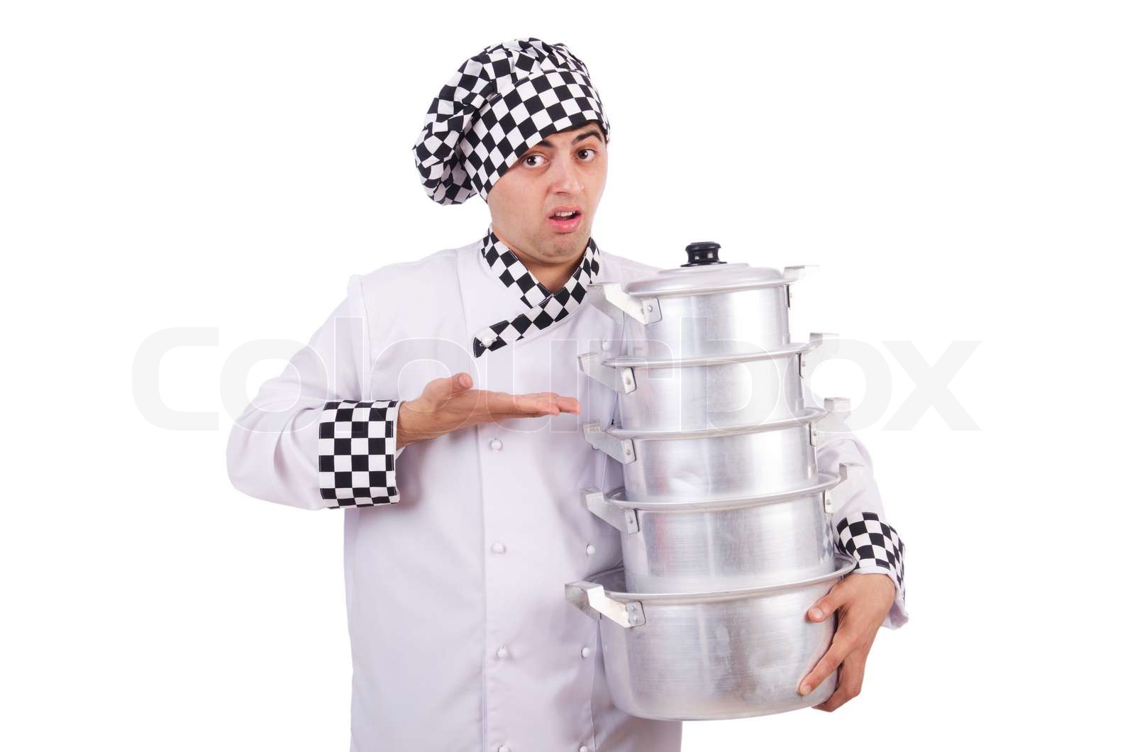 Koch mit Stapel von Töpfen auf weiß | Stock Bild | Colourbox