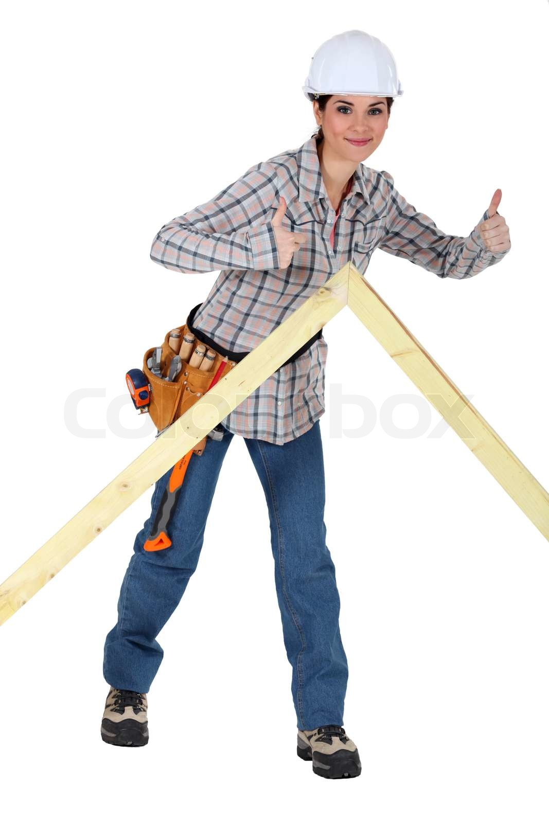 Weibliche Zimmermann mit dem Daumen- up | Stock Bild | Colourbox