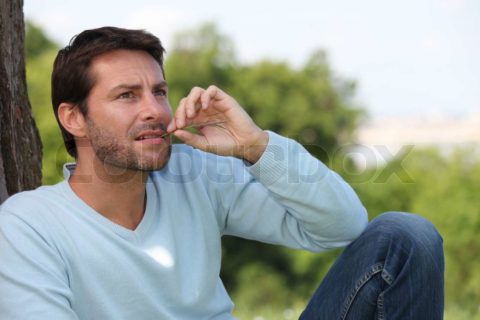 Man chewing blade of grass | Stock image | Colourbox
