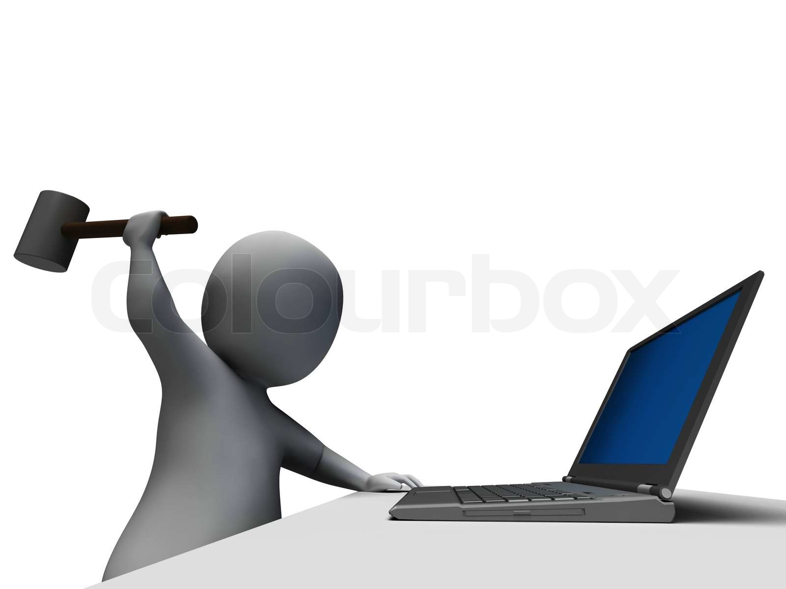 Hammer Hitting Computer Showing Angry With Laptop | Stock image | Colourbox