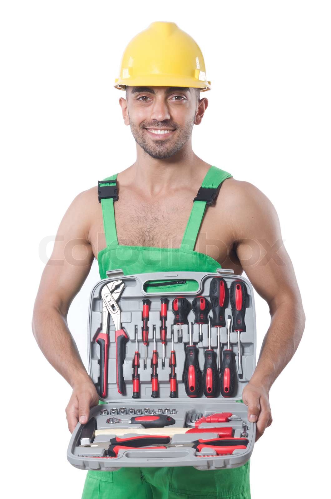 Man with toolkit isolated on the white | Stock image | Colourbox