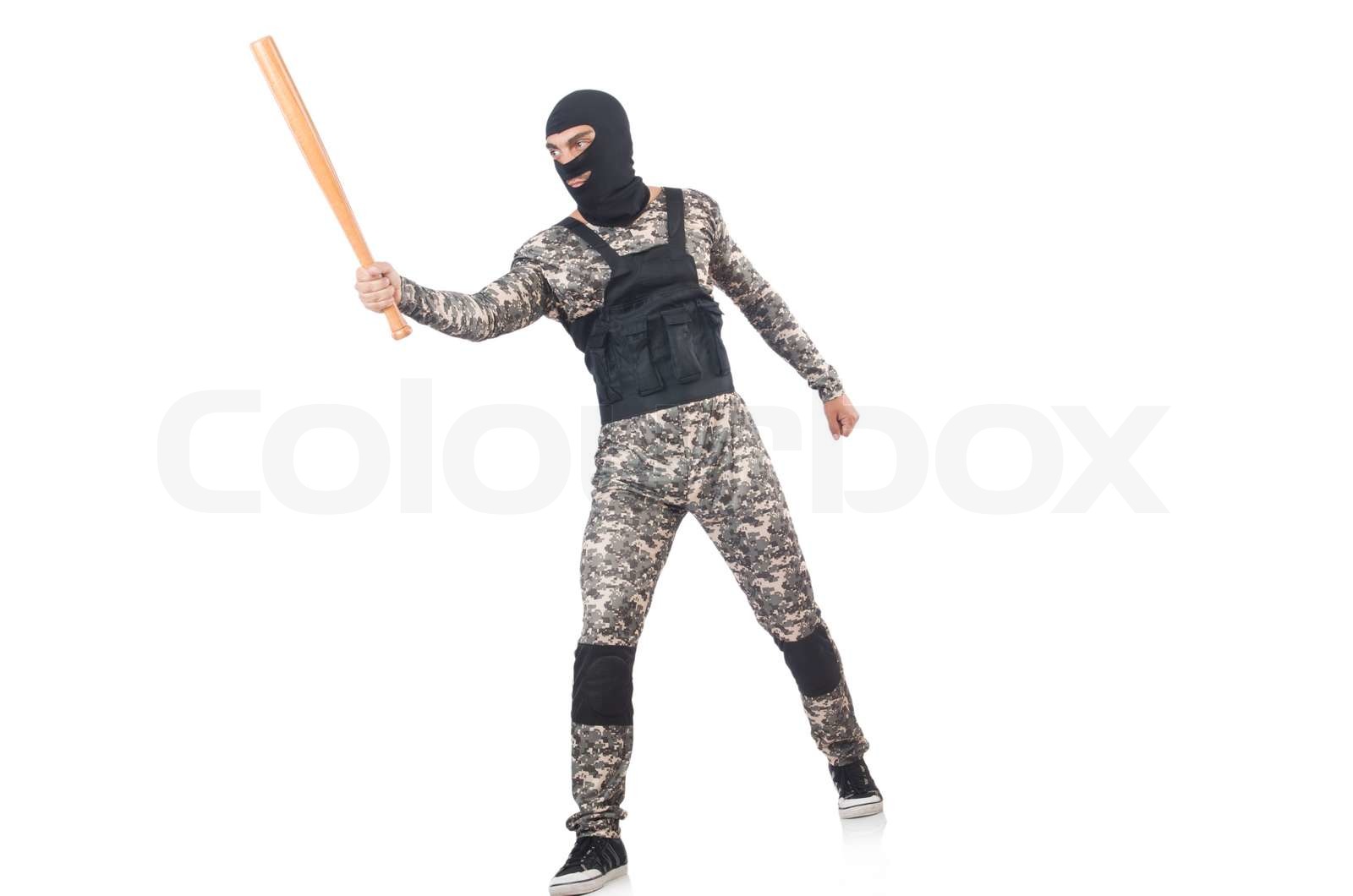 Soldier with baseball bat isolated on white | Stock image | Colourbox