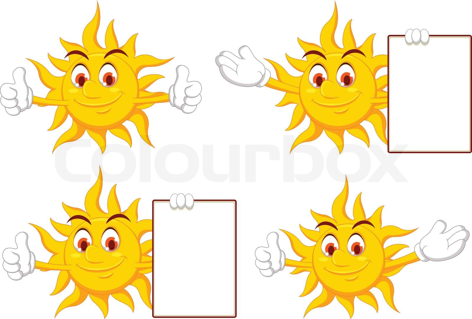 set of cute sun cartoon posing with blank sign | Stock vector | Colourbox