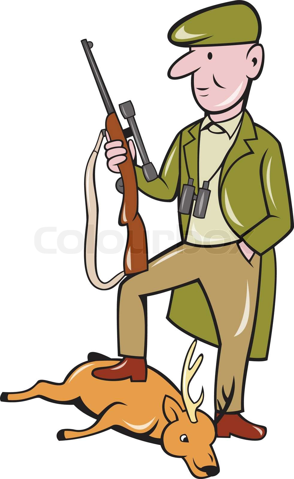 Cartoon Jäger mit Gewehr Standing on Deer | Stock-Vektor | Colourbox