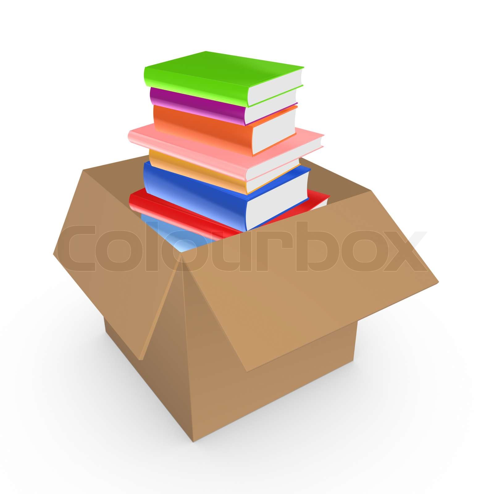 Colorful books in a carton box | Stock image | Colourbox