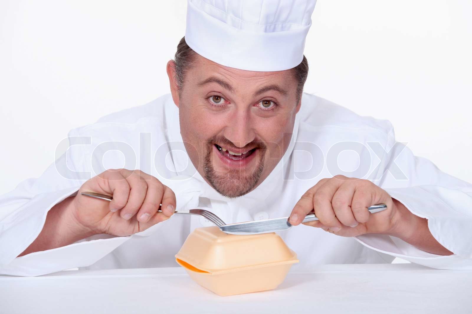 Chef Essen eine Styropor -Box zum Mitnehmen | Stock Bild | Colourbox