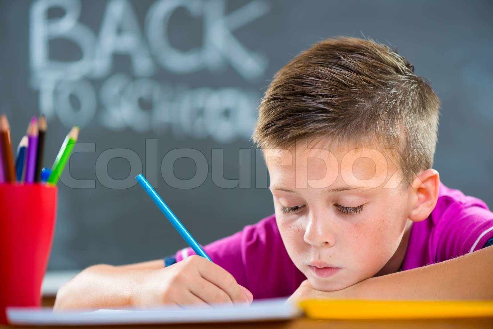 Cute school boy studying in classroom | Stock image | Colourbox