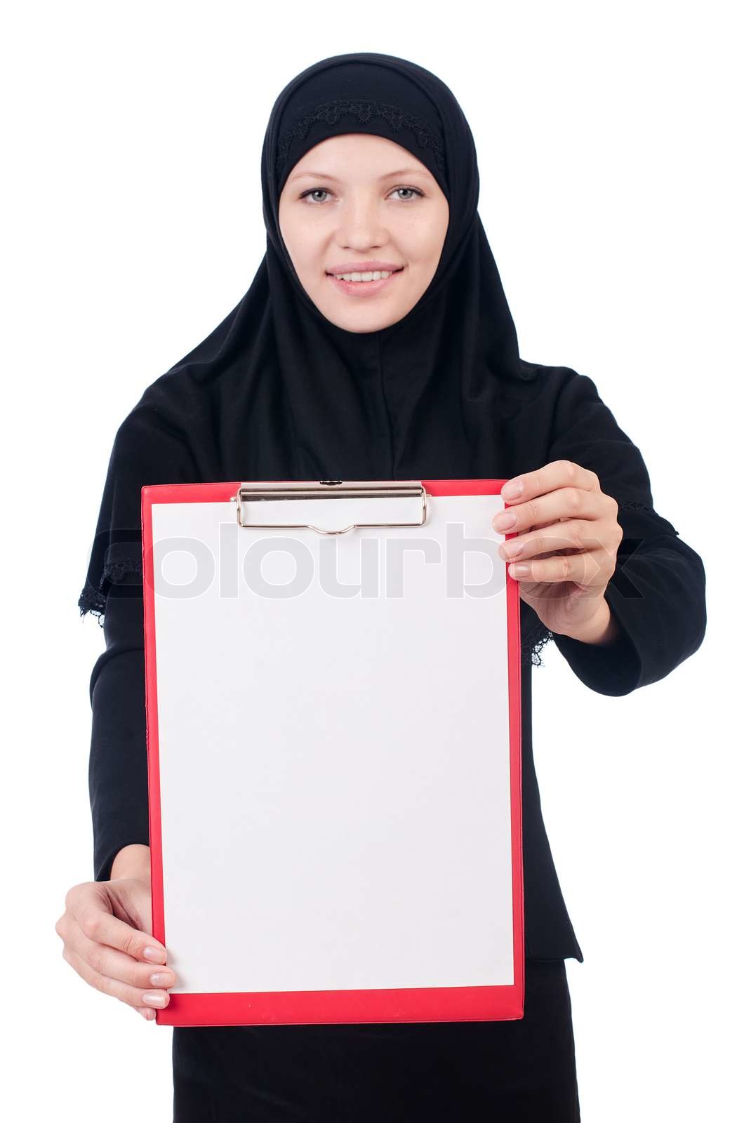 Woman With Blank Page On White Stock Image Colourbox