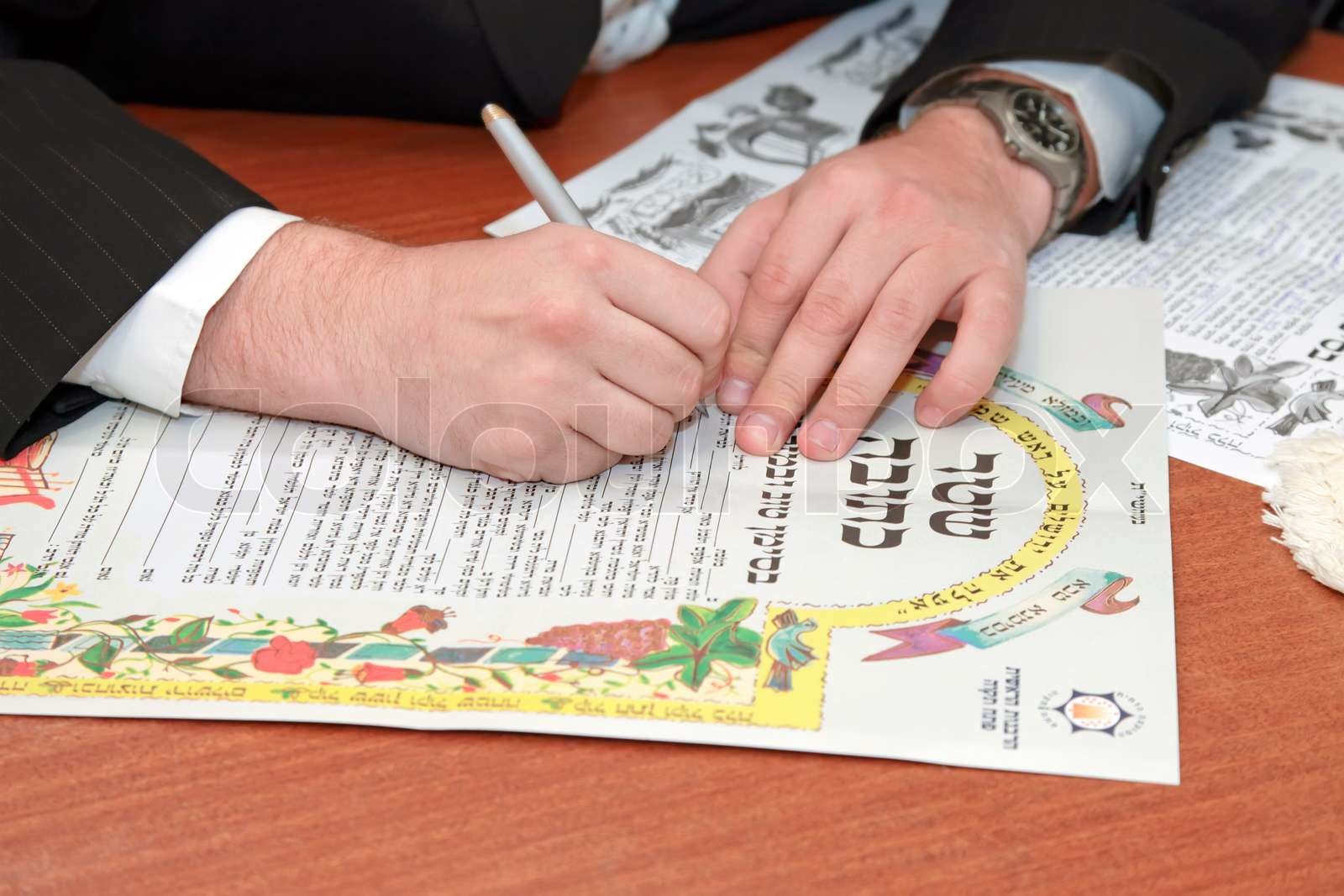 Traditional jewish wedding, signing prenuptial agreementketubah | Stock ...