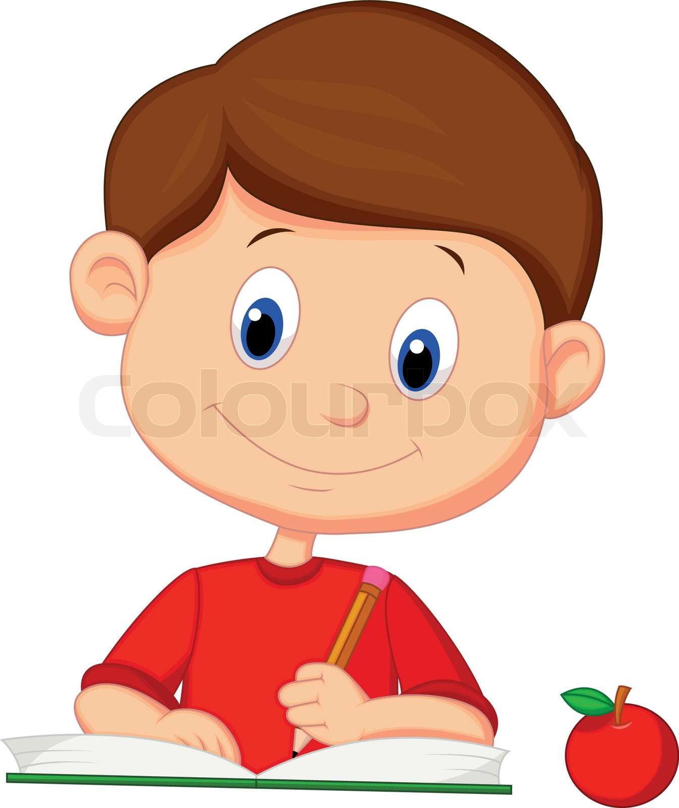 Cute boy cartoon writing on a book | Stock vector | Colourbox