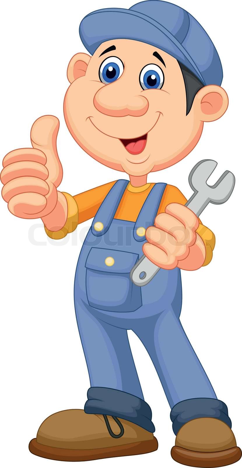 Cute mechanic cartoon holding wrench and giving thumbs up | Stock ...