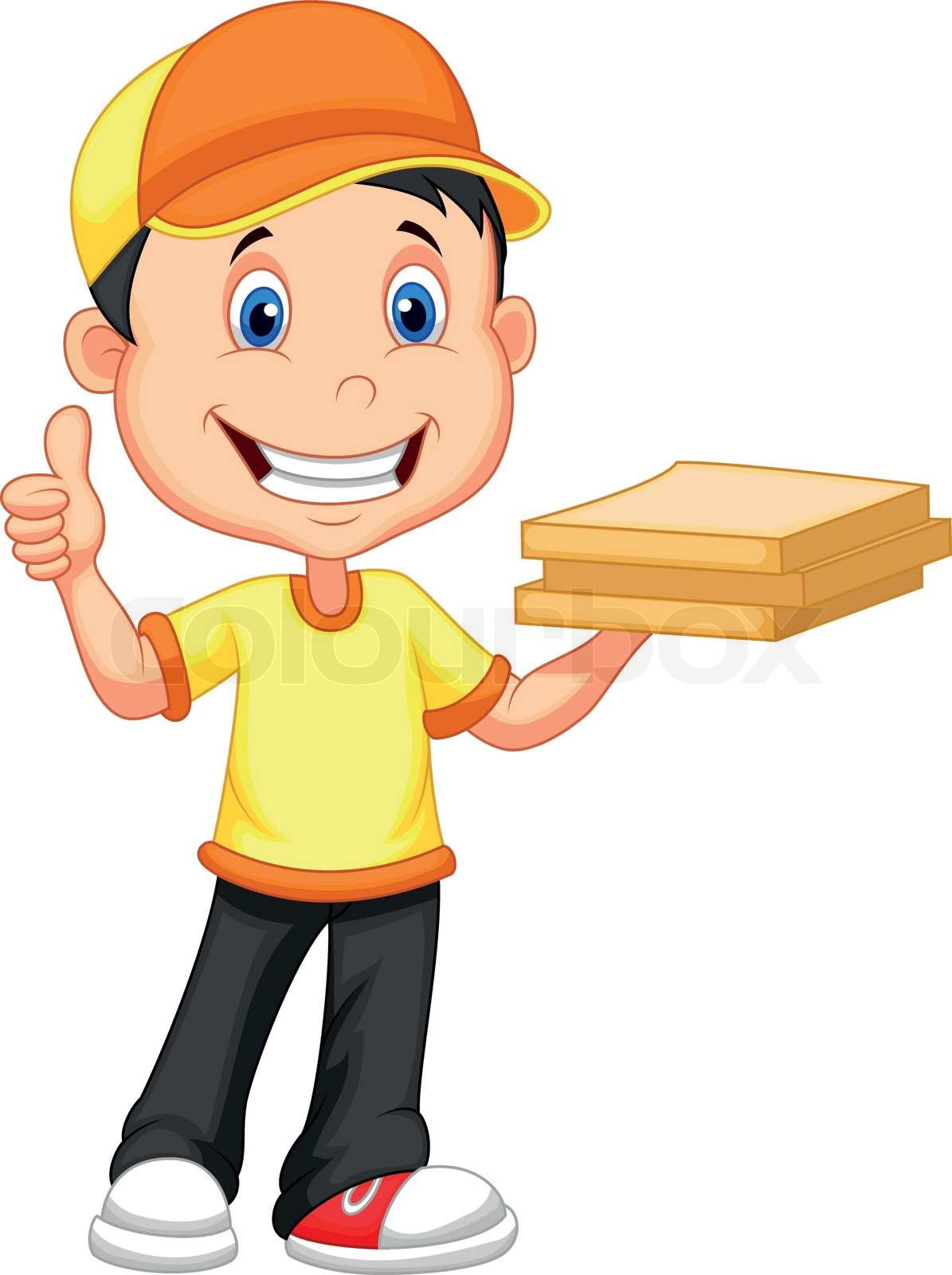 Cartoon Delivery boy bringing a cardboard pizza box | Stock vector ...