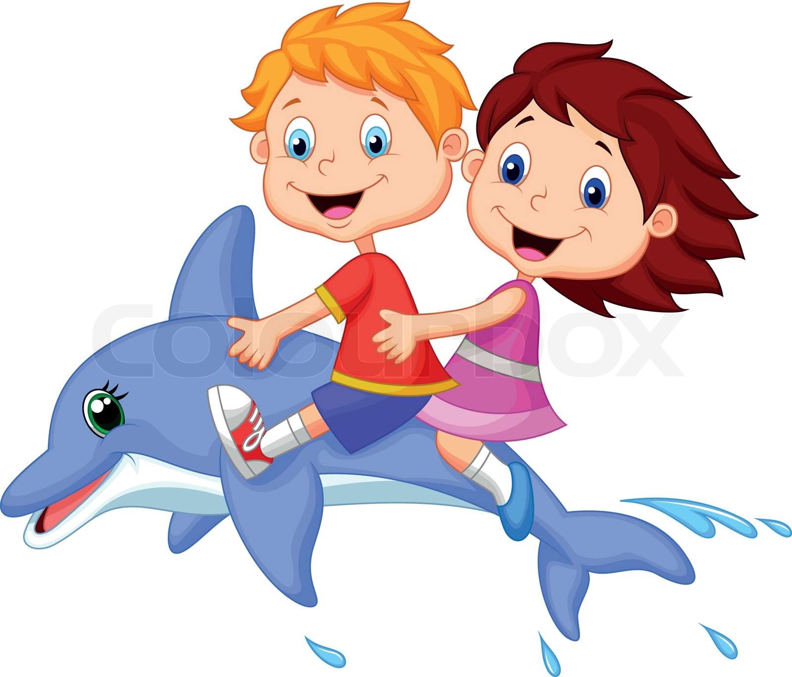 Cartoon Boy and girl riding a dolphin | Stock vector | Colourbox