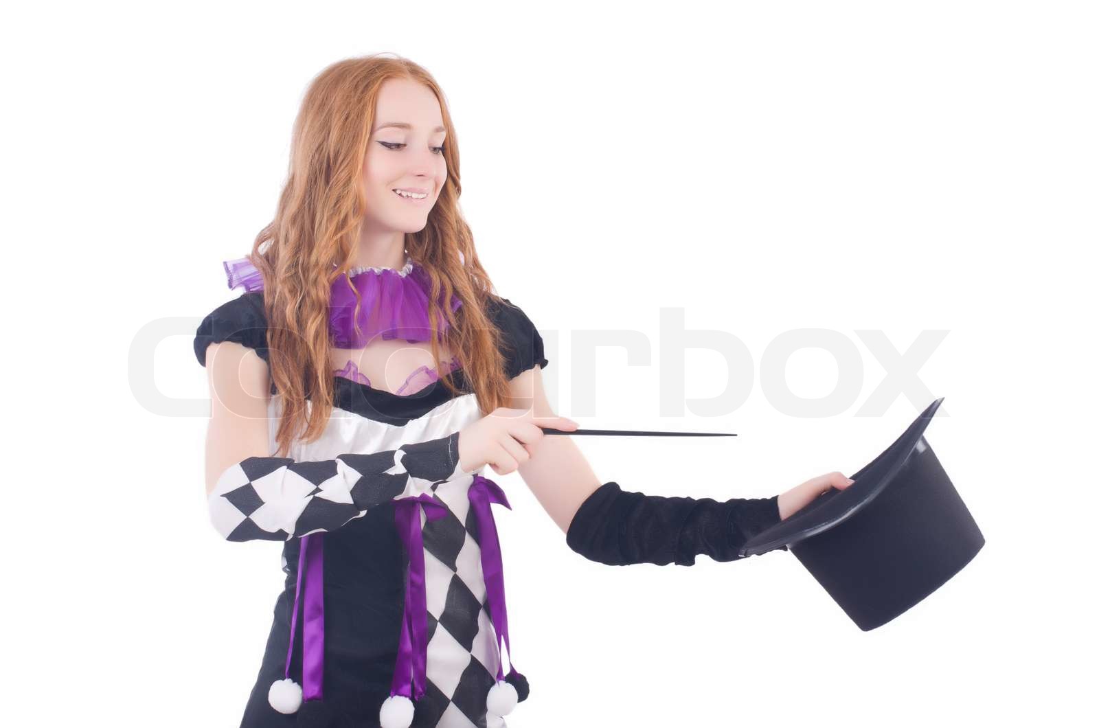 Frau von Magier mit Zauberstab auf weiß | Stock Bild | Colourbox