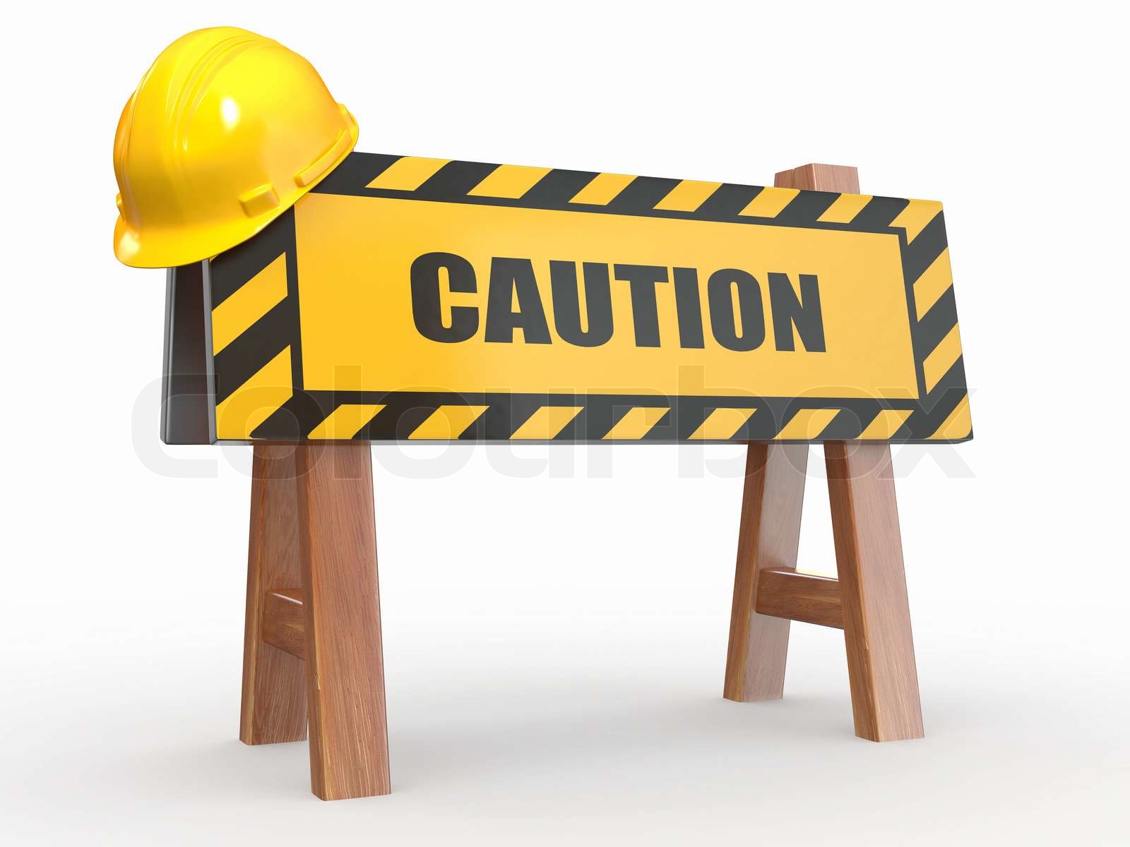 Barrier with text caution and hardhat | Stock image | Colourbox