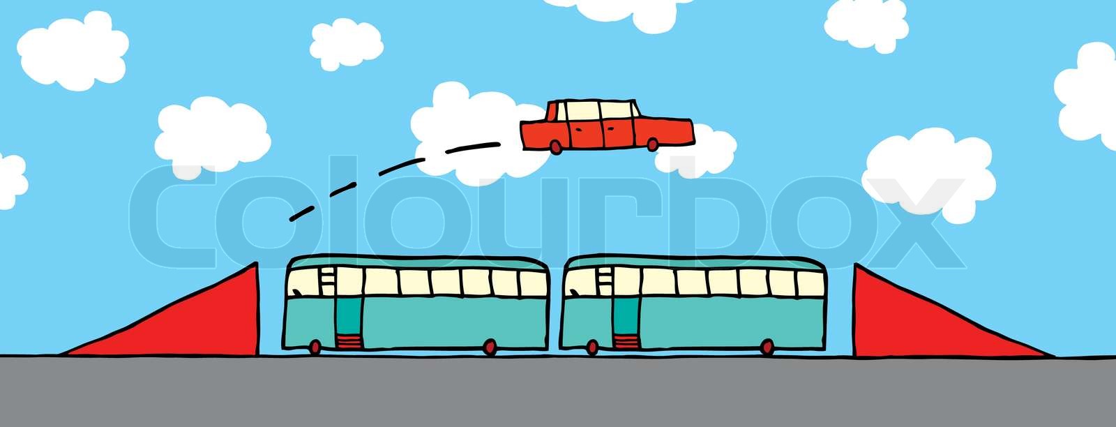 Cartoon car jumping buses | Stock vector | Colourbox