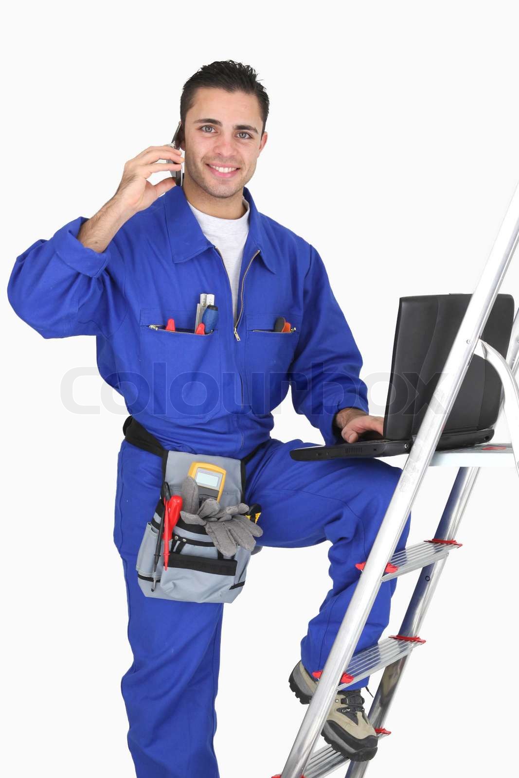 Elektriker posiert mit seinen Baustoffen und Werkzeugen | Stock Bild ...