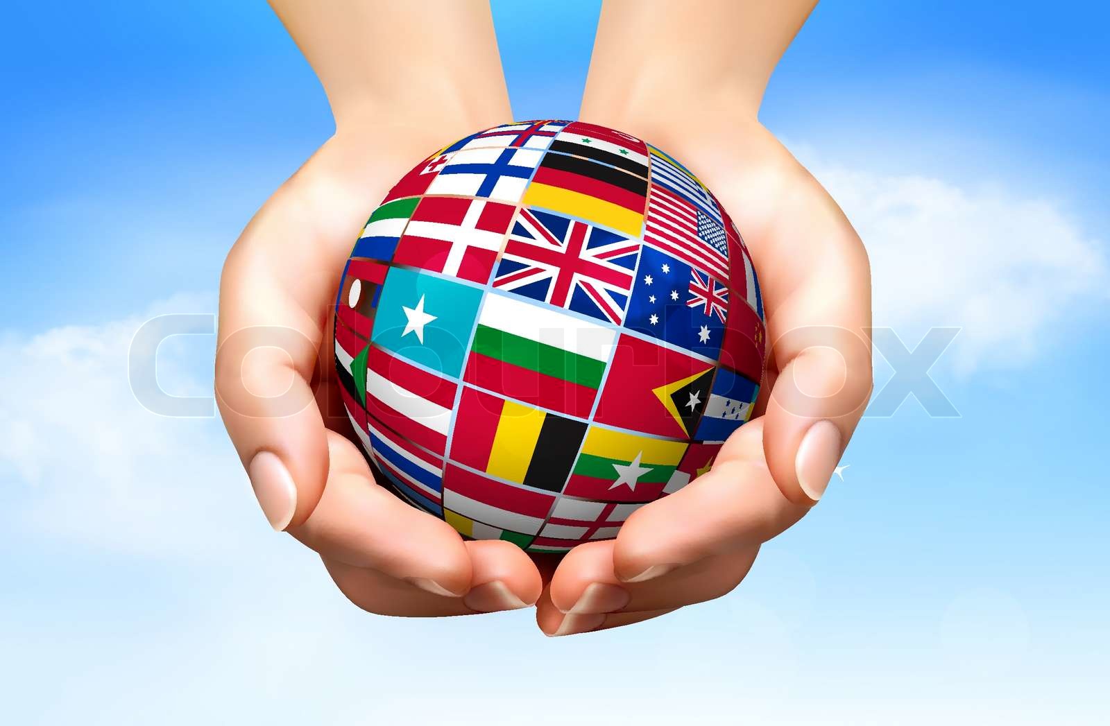 Flags of the world in globe and hands. Vector illustration. | Stock ...