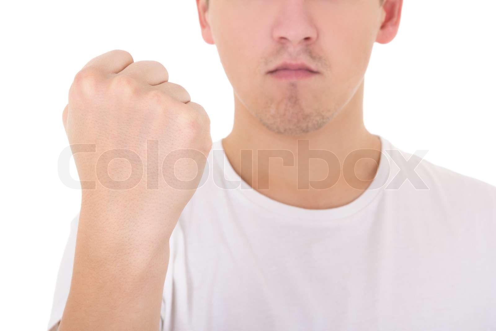 Mand I Hvid T Shirt Viser Sin Knytnæve Isoleret På Hvidt Stock Foto Colourbox
