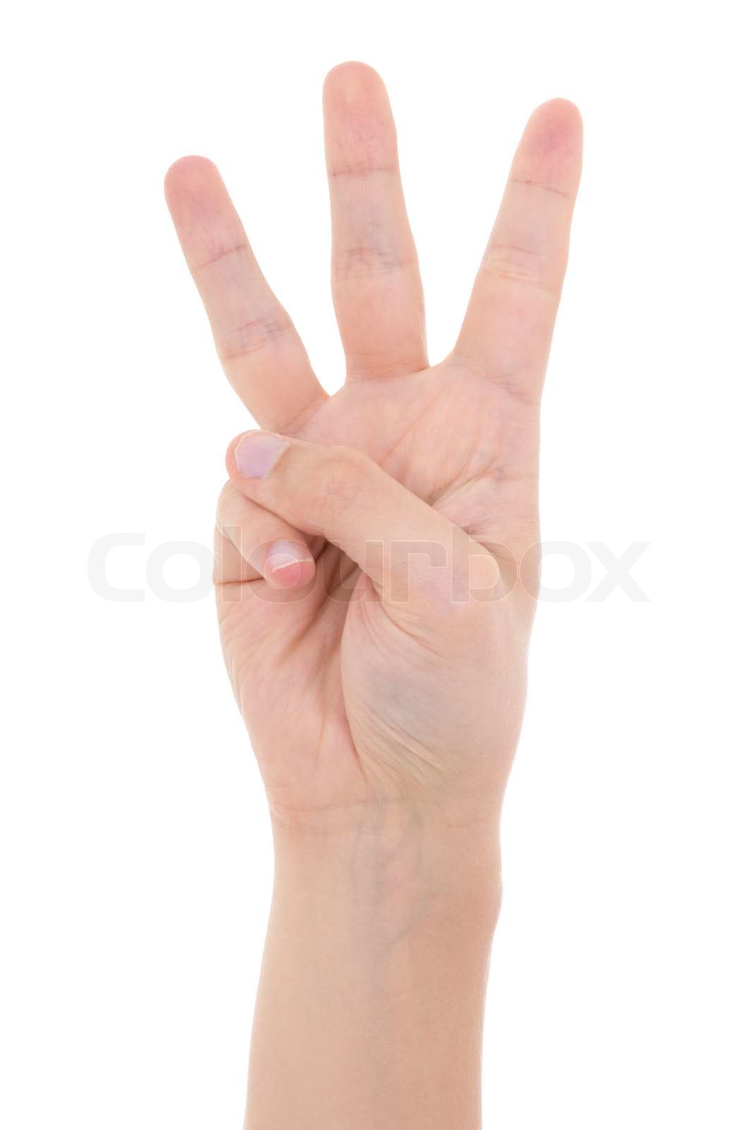 mandlige hånd viser tre fingre isoleret på hvidt | Stock foto | Colourbox