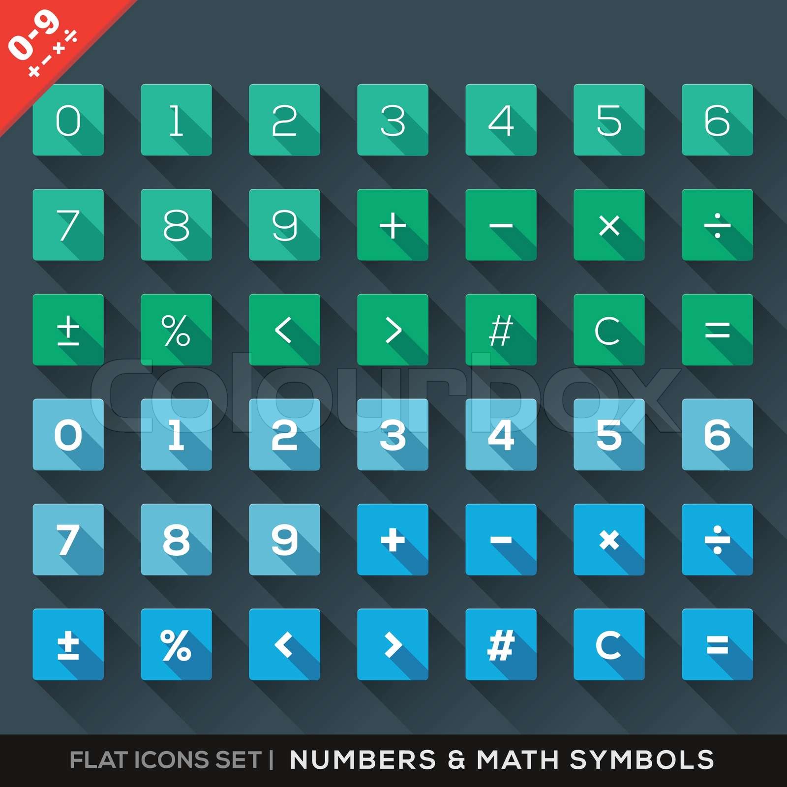 Numbers and Math Symbols Flat Icons Set with long shadow | Stock vector ...