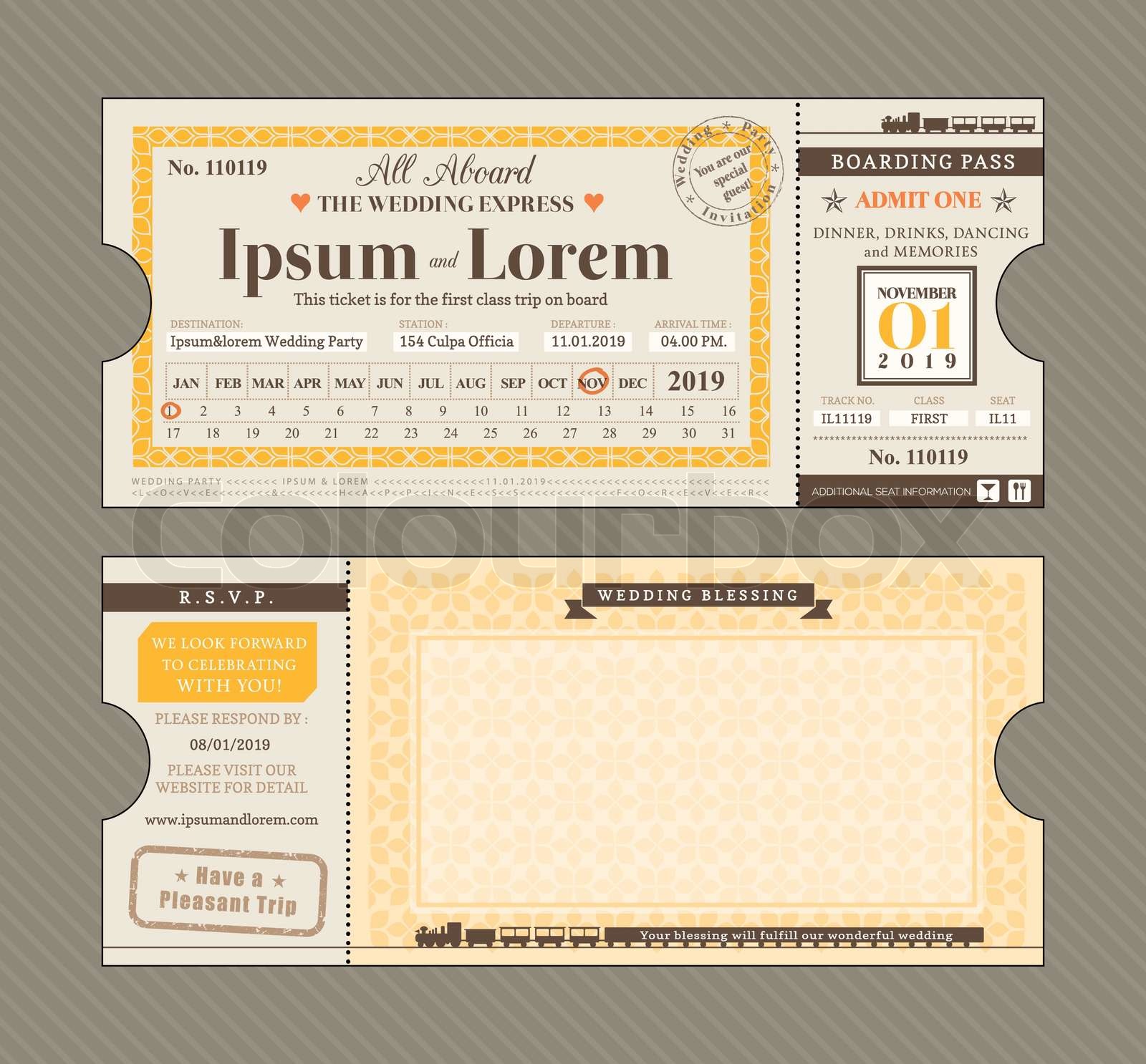 Vector Train Ticket Wedding Invitation Design Template | Stock vector ...
