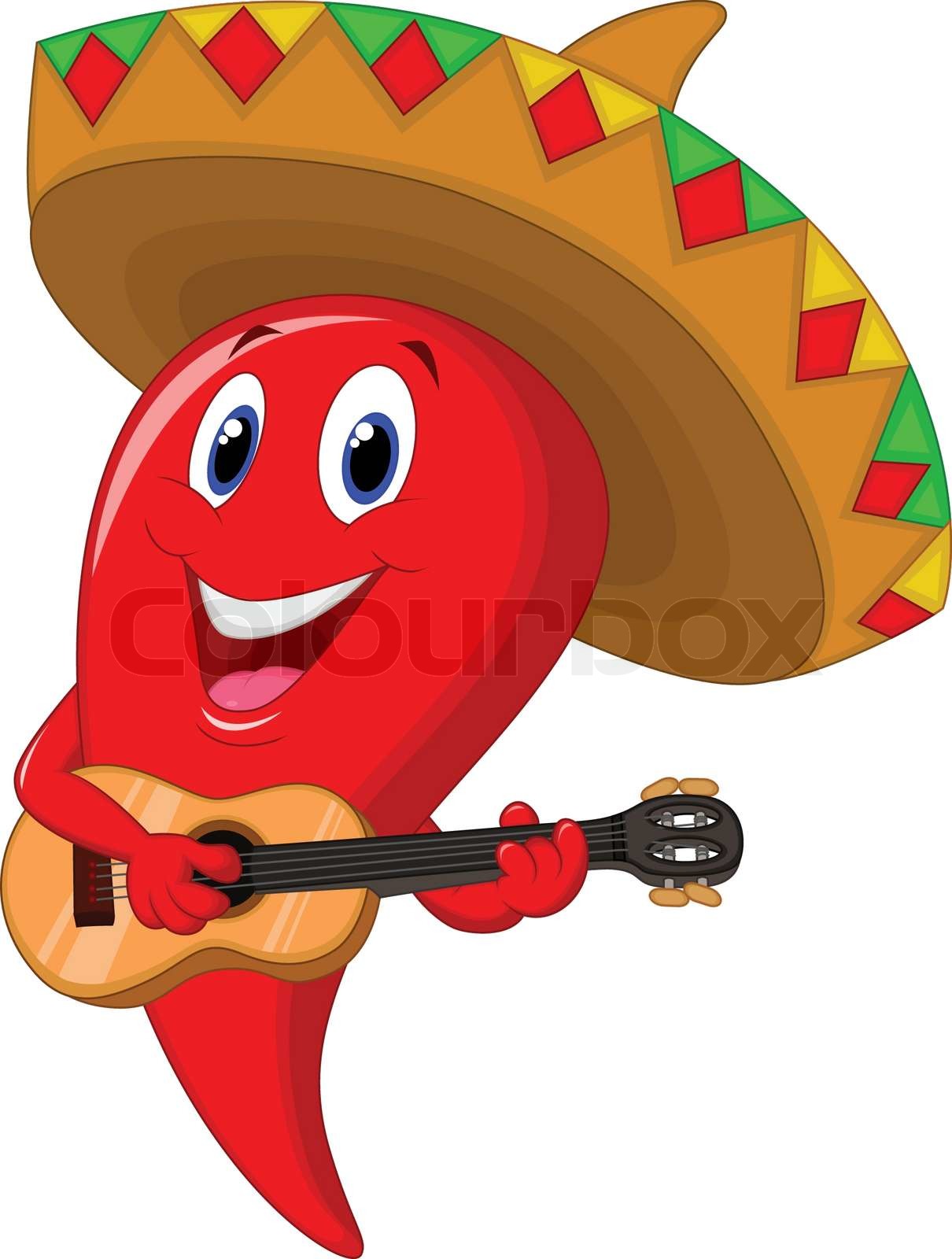 Chili pepper mariachi cartoon wearing sombrero playing a guitar | Stock ...