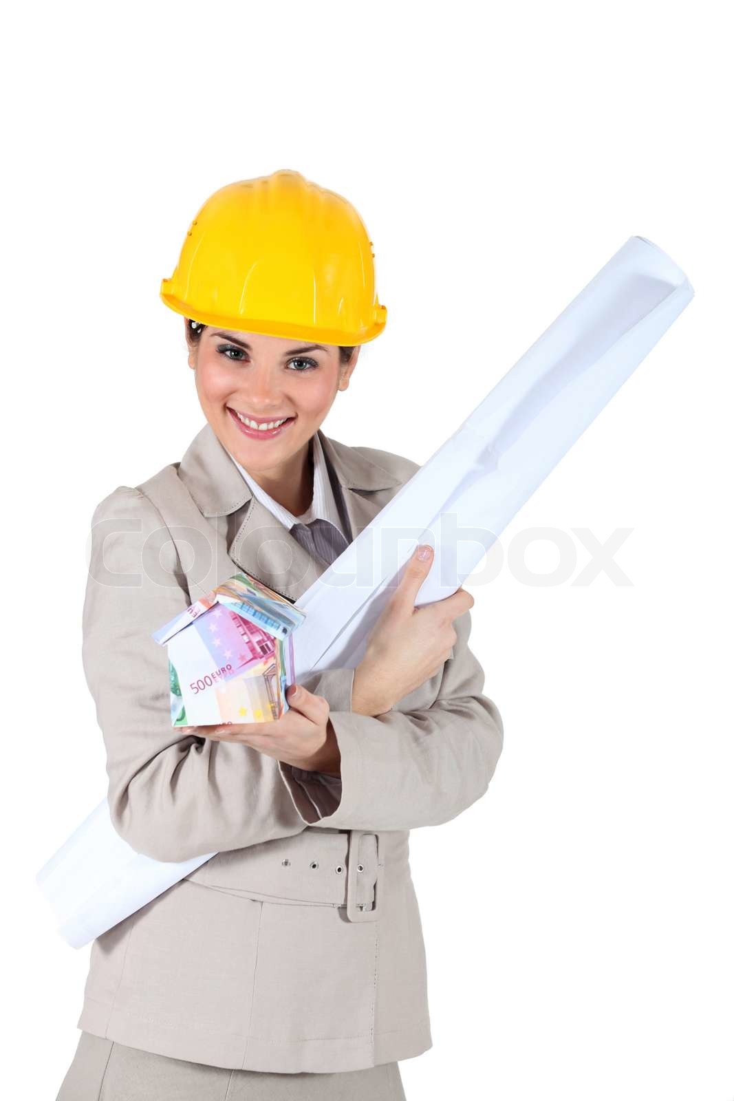 Architect hugging blueprints | Stock image | Colourbox