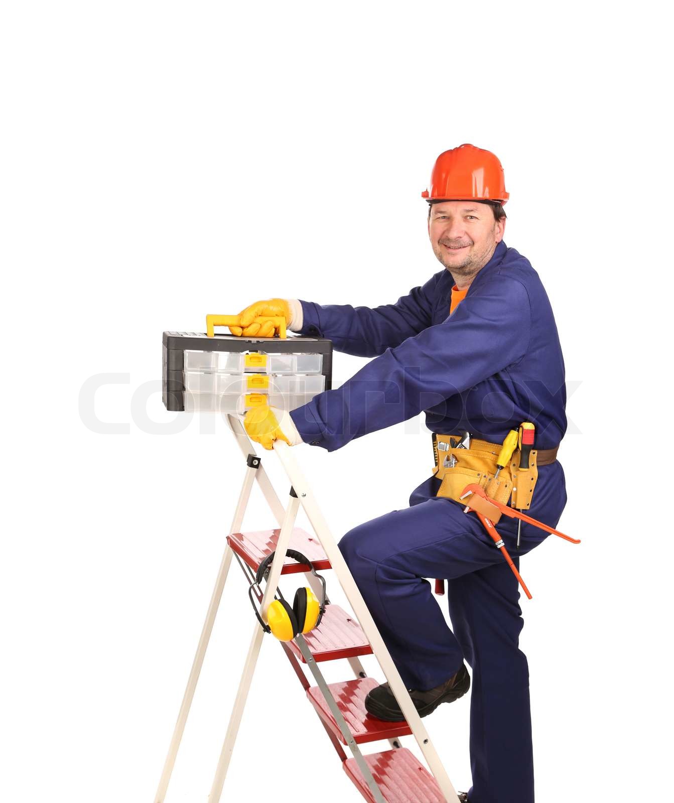 Worker on ladder with toolbox | Stock image | Colourbox