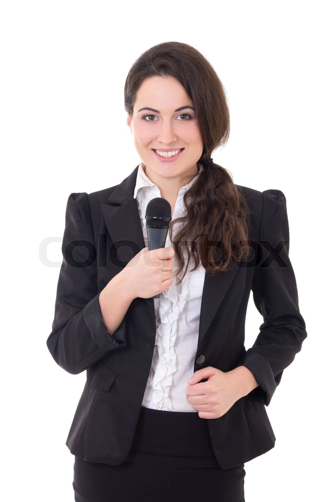 beautiful female reporter with microphone isolated on white | Stock ...