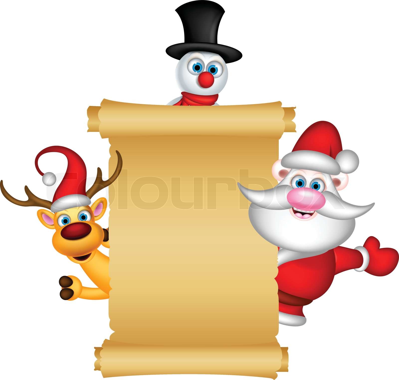 santa and reindeer with snowman holding blank sign | Stock vector ...
