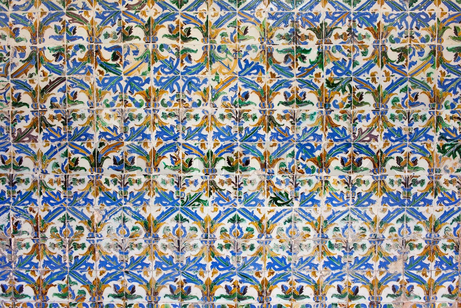 Old, historic Azulejos tiles in the Mudejar Style, Real Alcazar ...