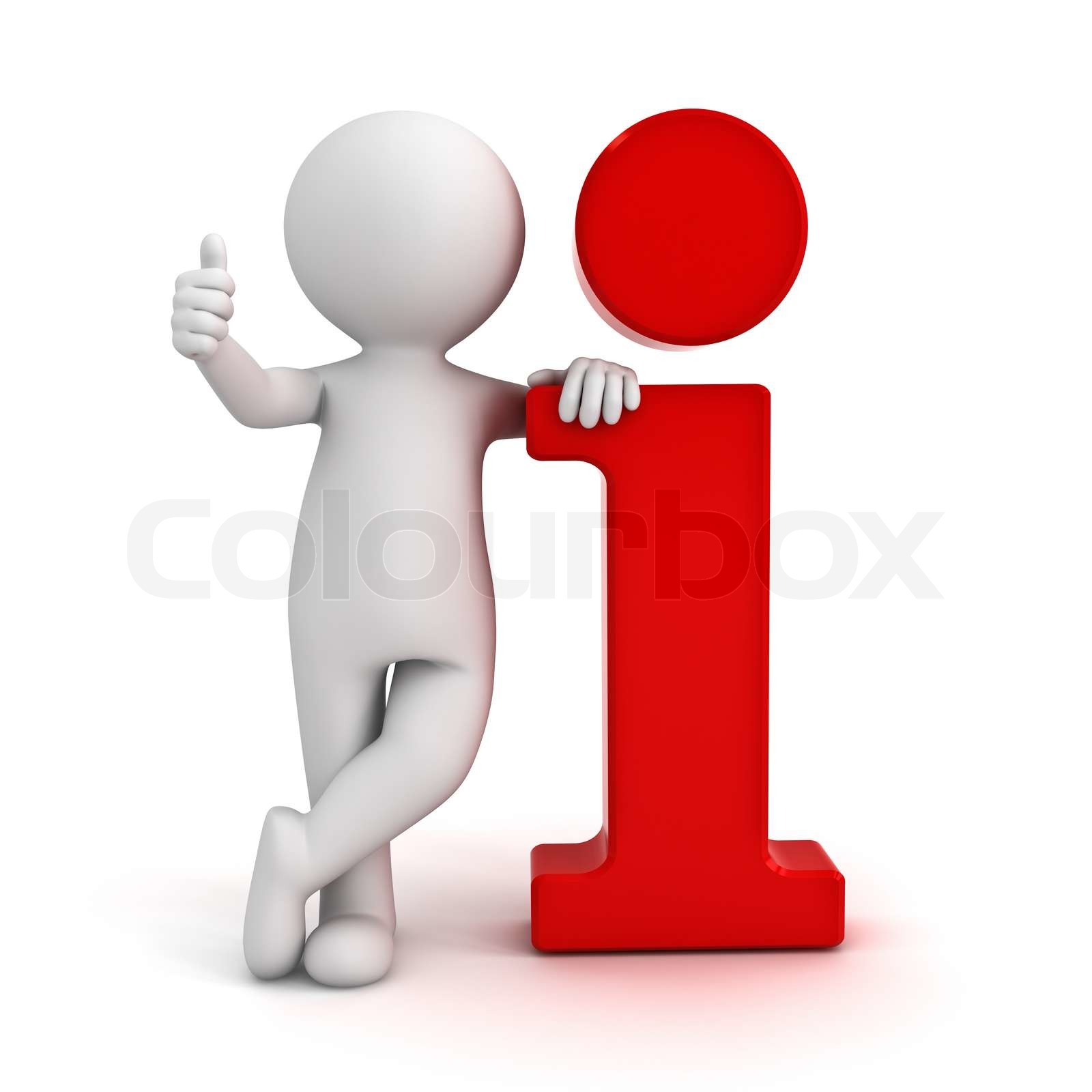 3d man leaning on red information icon and showing thumbs up hand ...