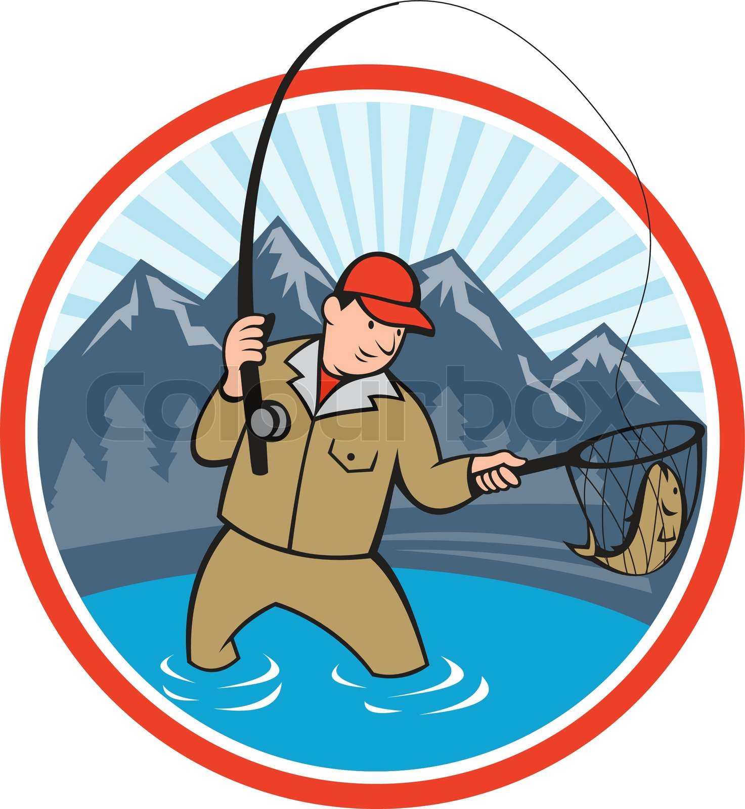 Fly Fisherman Catching Trout Fish Cartoon | Stock vector | Colourbox