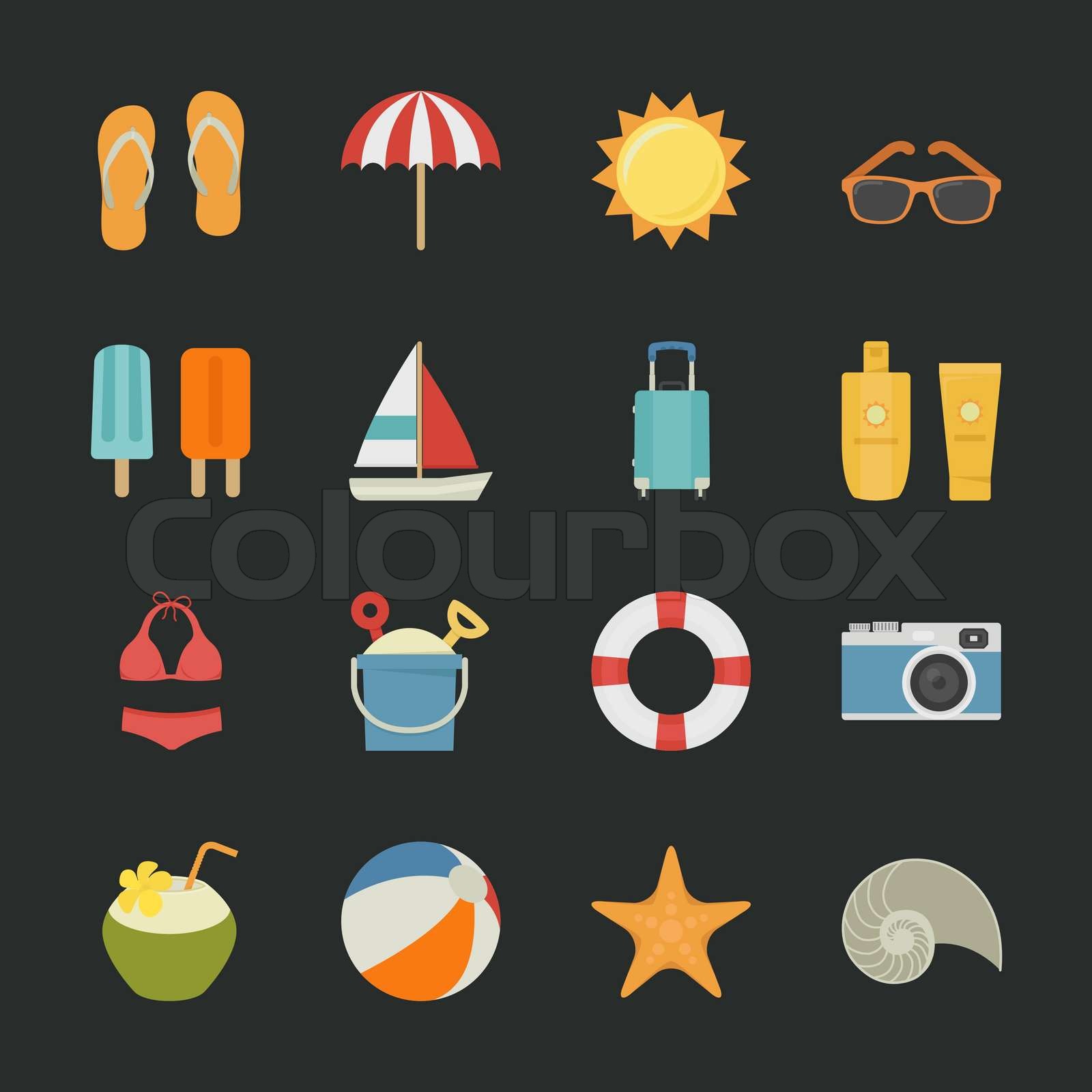 Sommer-Icons, Urlaub-Icons mit schwarzem Hintergrund | Stock-Vektor ...