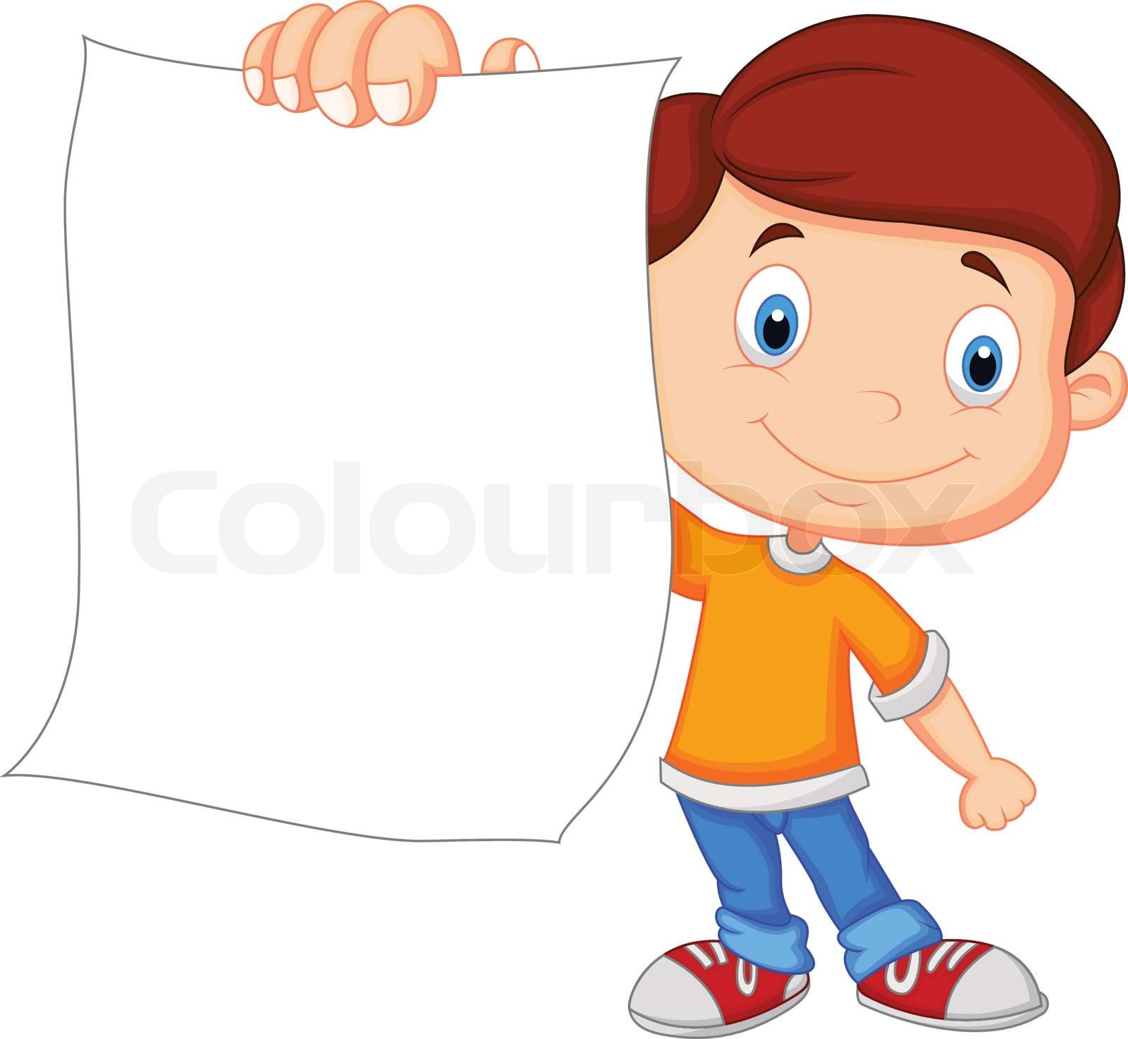 Cartoon boy holding blank paper | Stock vector | Colourbox