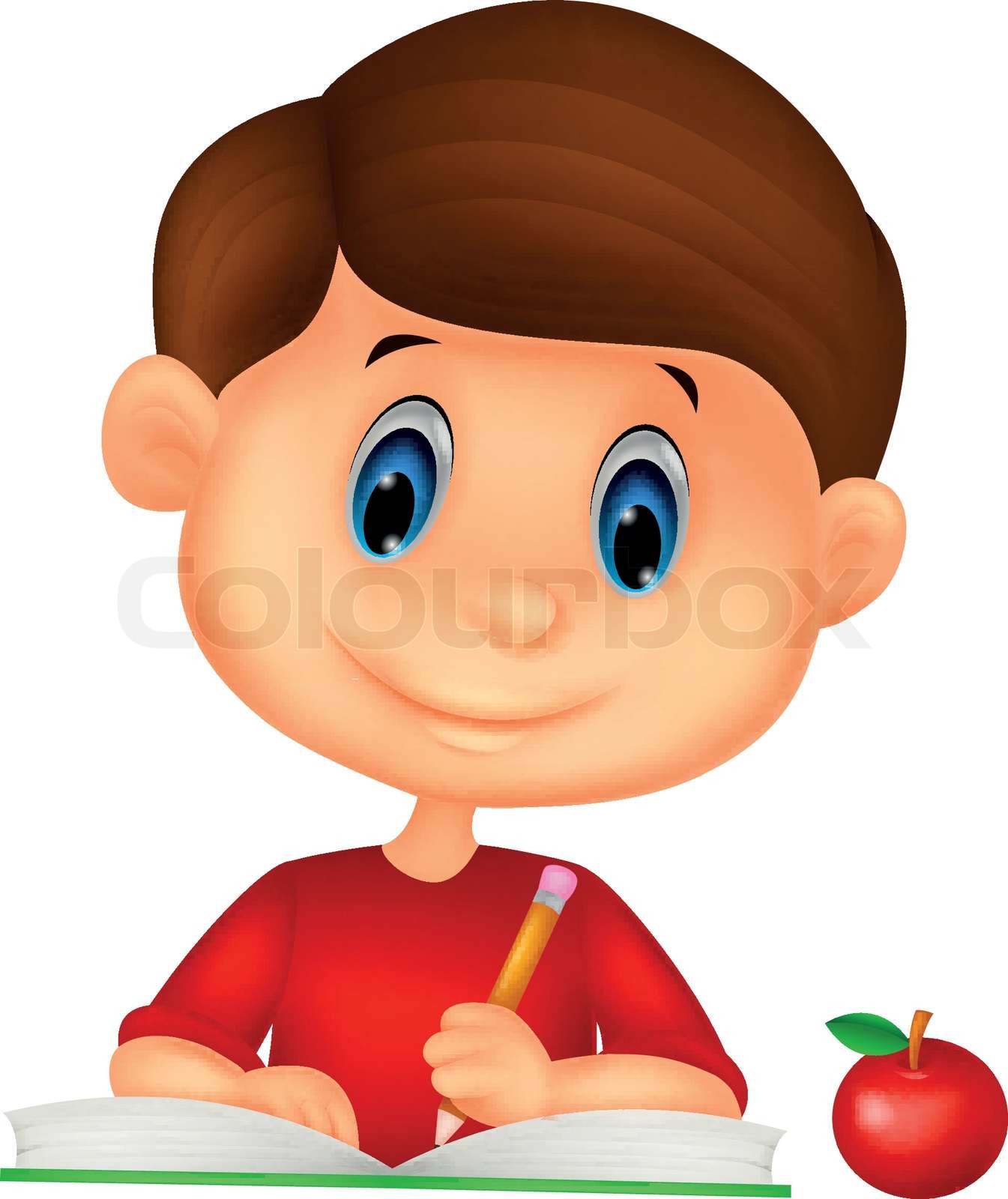 Cute boy cartoon writing on a book | Stock vector | Colourbox