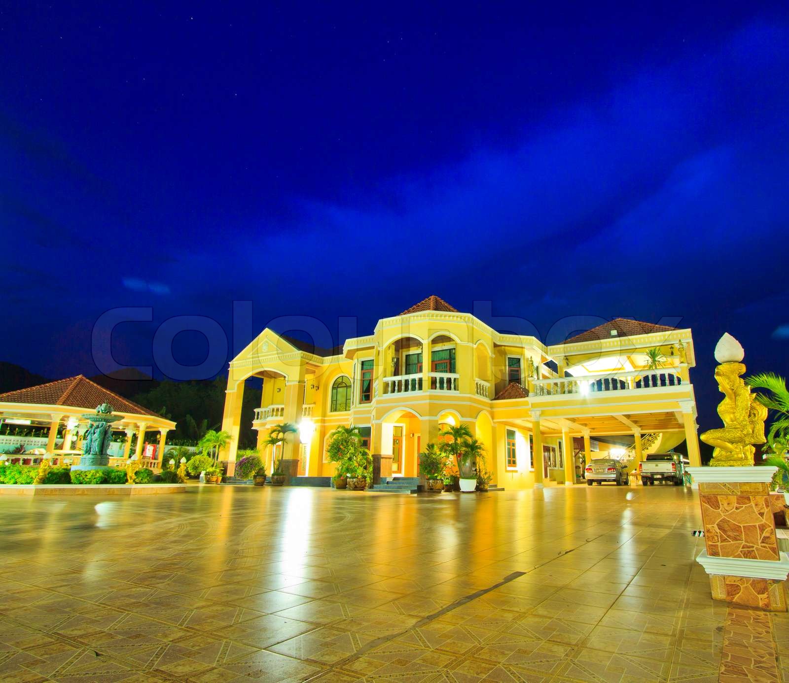 at a luxury resort at night, dawn time Resort and house | Stock image ...