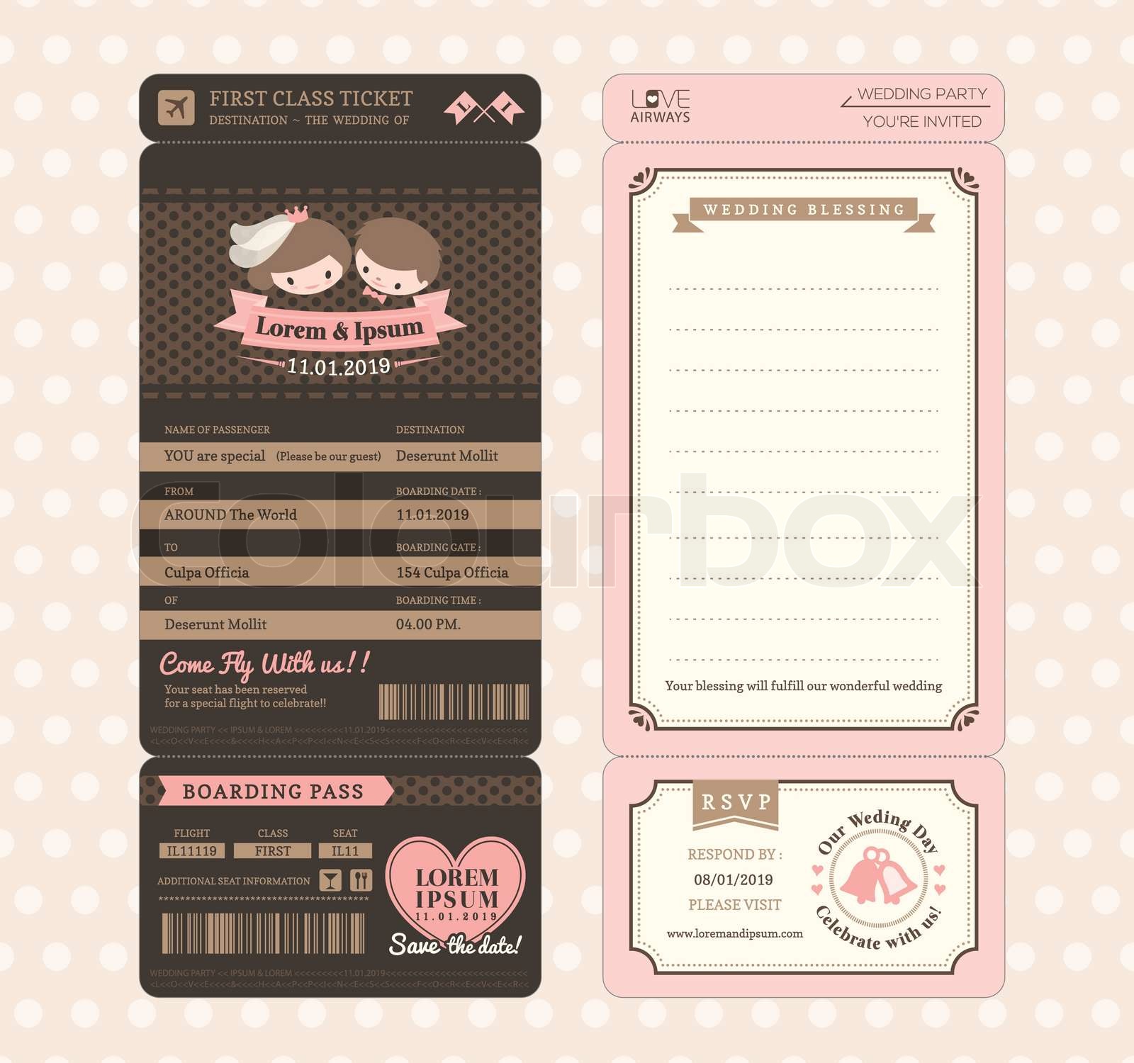 Cute Groom and Bride Vintage Boarding Pass Ticket Wedding Invitation ...