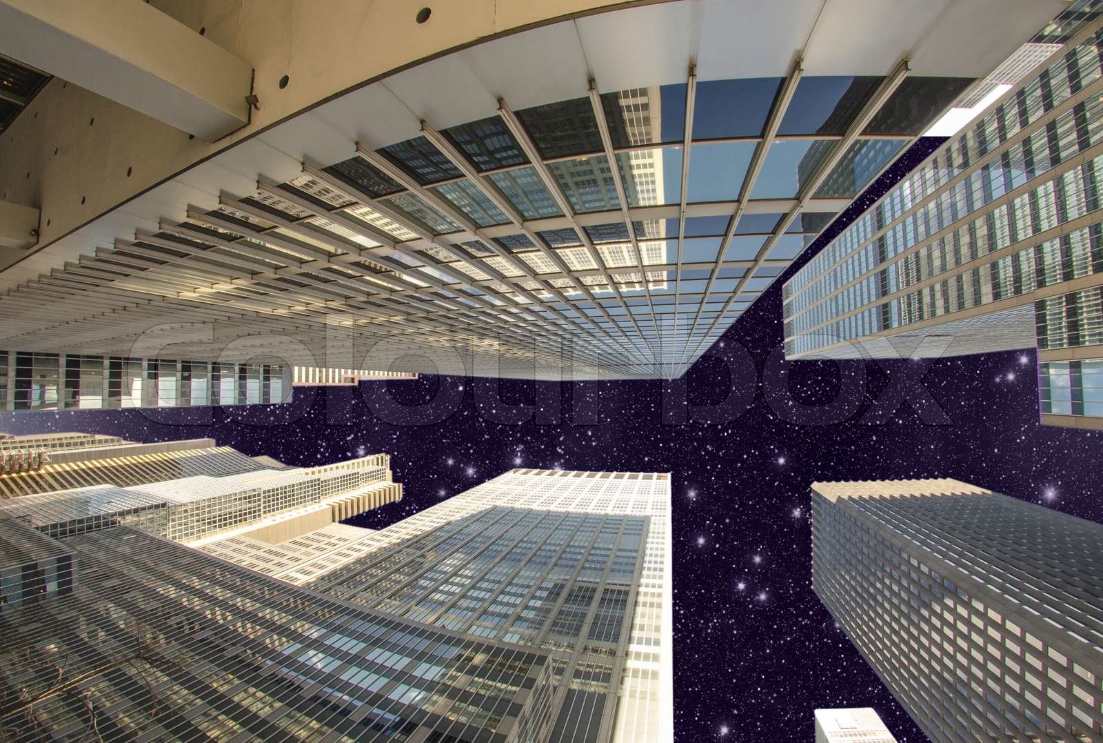 Street level view of Tall Skyscrapers in Manhattan night - New York ...