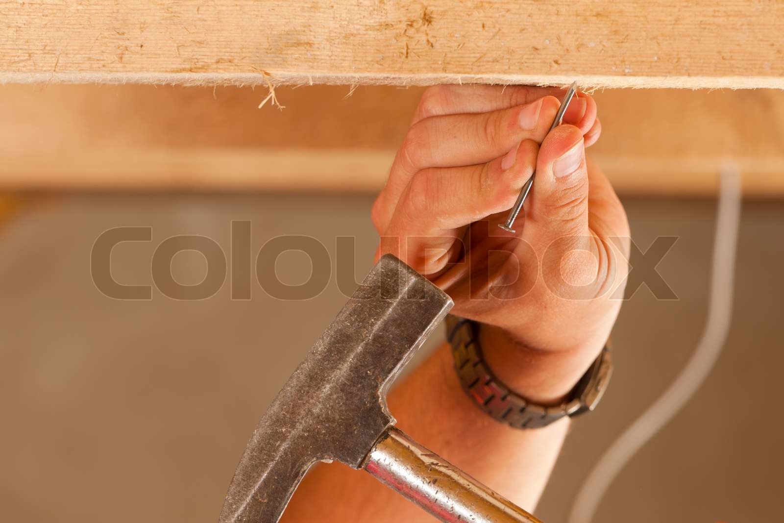 Construction worker with hammer and nail | Stock image | Colourbox