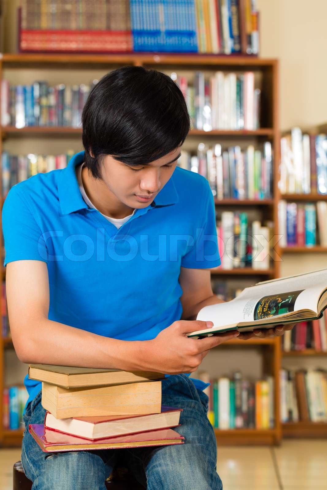 Student in library reading book | Stock image | Colourbox