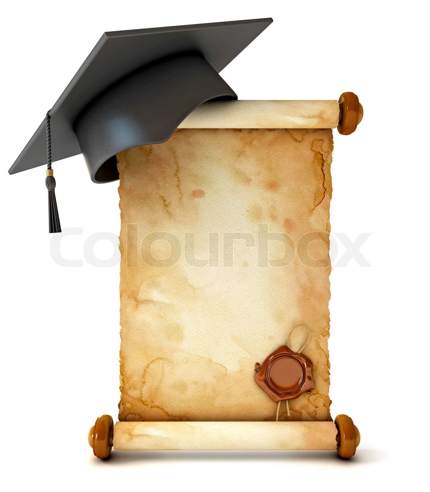 Graduation cap and diploma. Unfurled an ancient scroll with wax seal ...