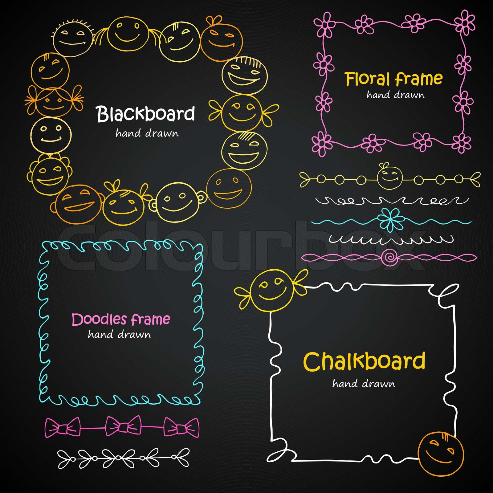 Photo frames and borders set of hand drawn kids smiles, chalkboard ...