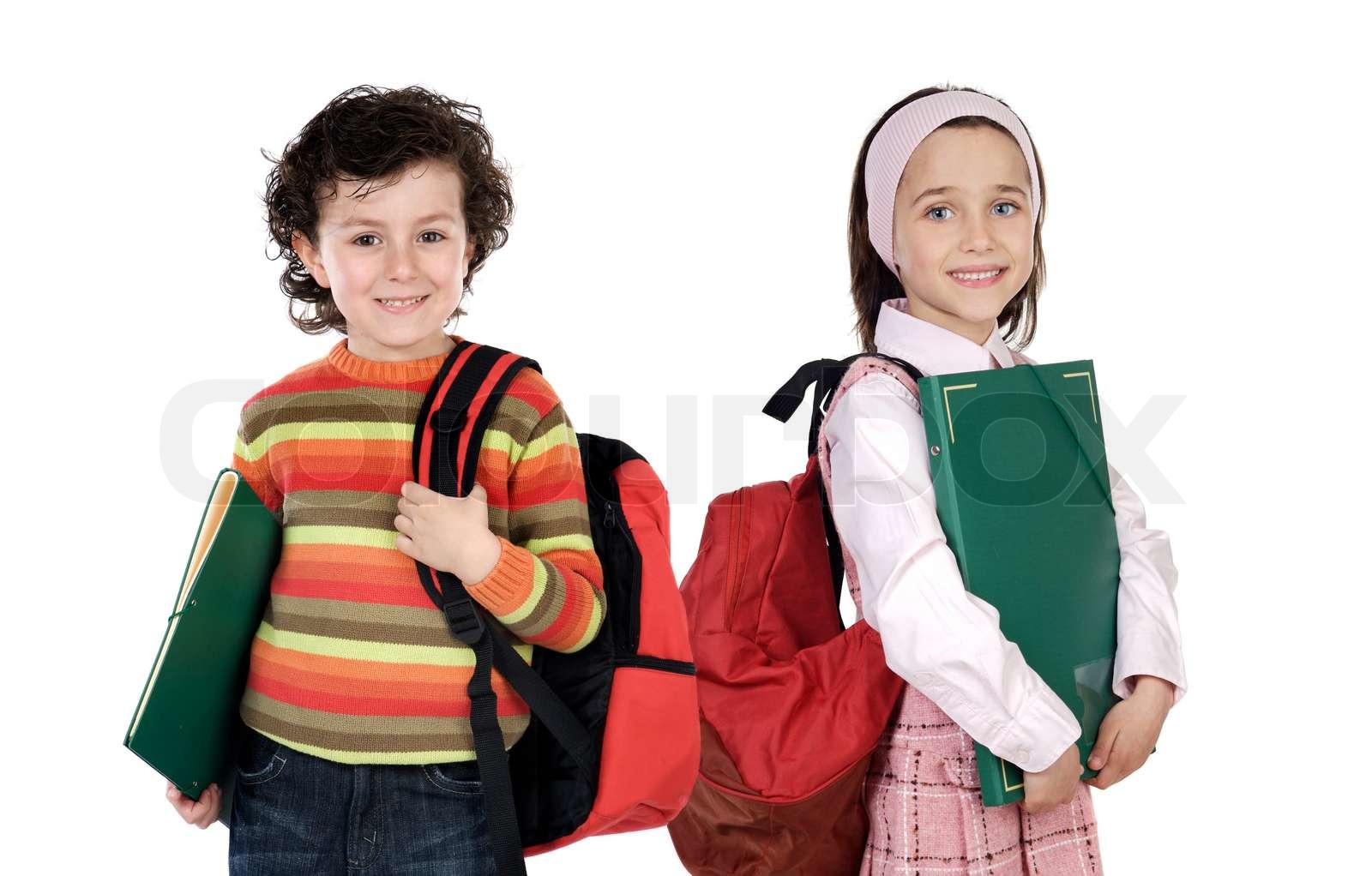 Two children students returning to school | Stock image | Colourbox