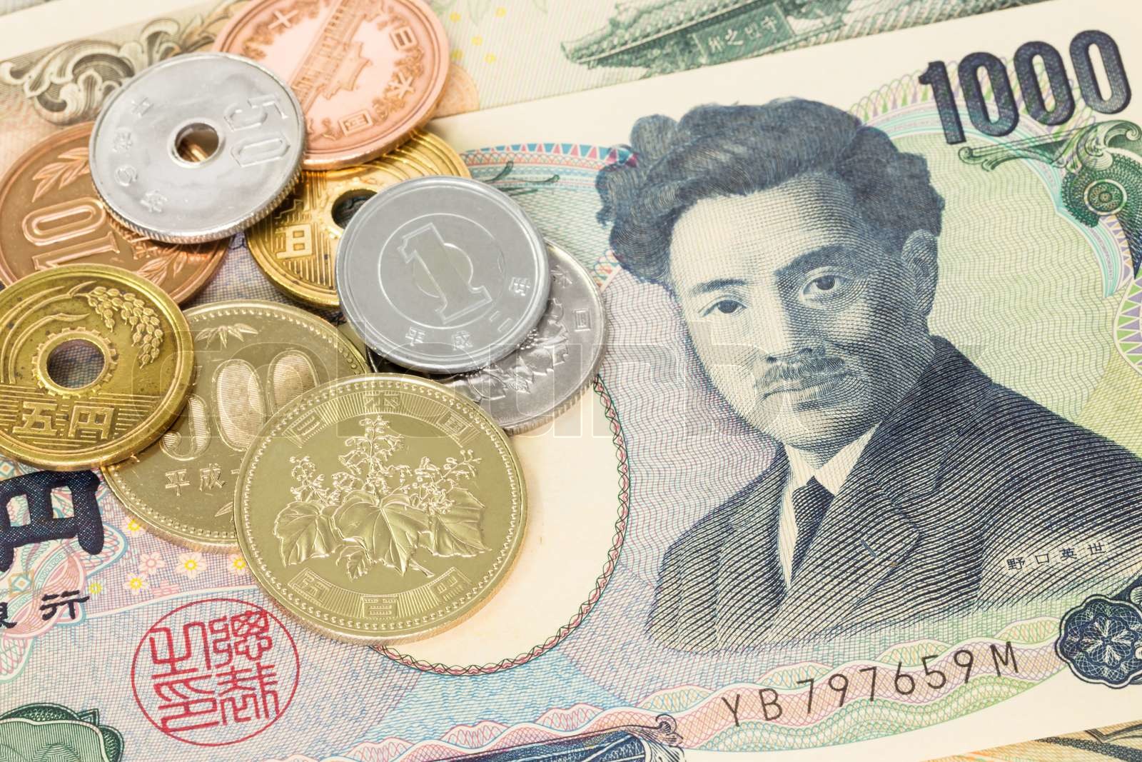 Japanese money yen banknote and coins close-up | Stock image | Colourbox